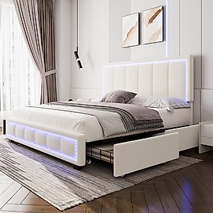 King Size Bed Frame, Upholstered LED Bed Frame with 4 Storage Drawers, Platform Bed with Adjustable Headboard, Solid Wooden Slats Support, No Box Spring Needed, Off White