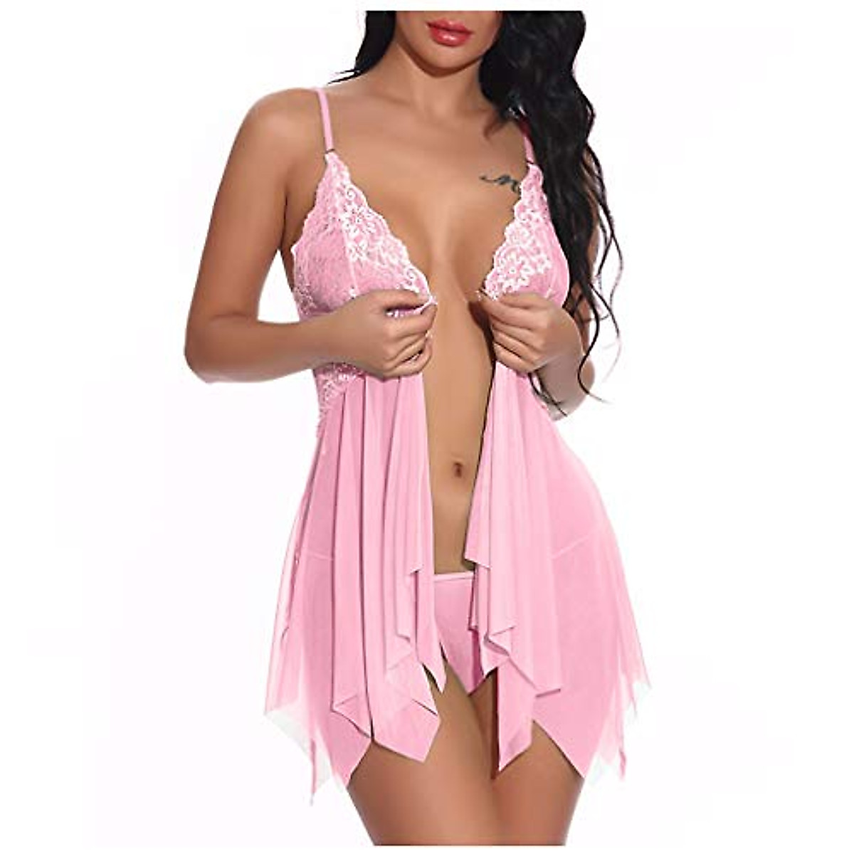 Aniywn Sexy Plus Size Lingerie Sets for Women Sexy Lace Lingerie Front Closure V Neck Mesh Nightwear Chemise Sleepwear Pink
