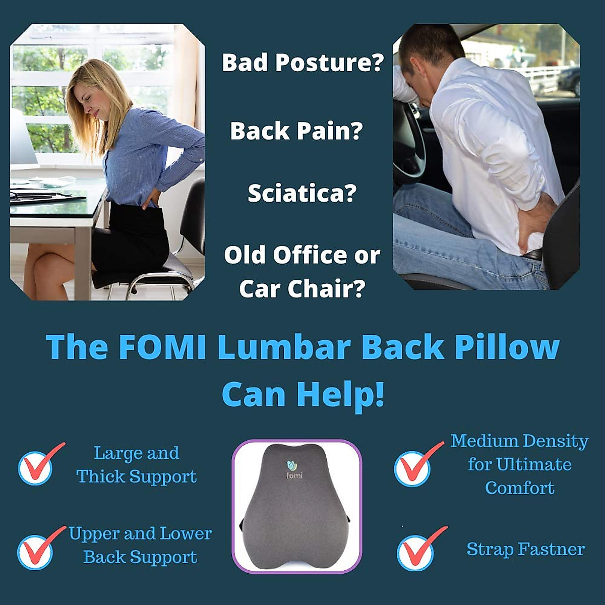 FOMI Extra High Back Lumbar Support Pillow | Thick Thoracic Foam Pad for Car, Home, Office, Gaming Chair, Wheelchair, Recliner | Sciatica, Tailbone Pain Relief | Upper Lower Backrest, Posture Aid