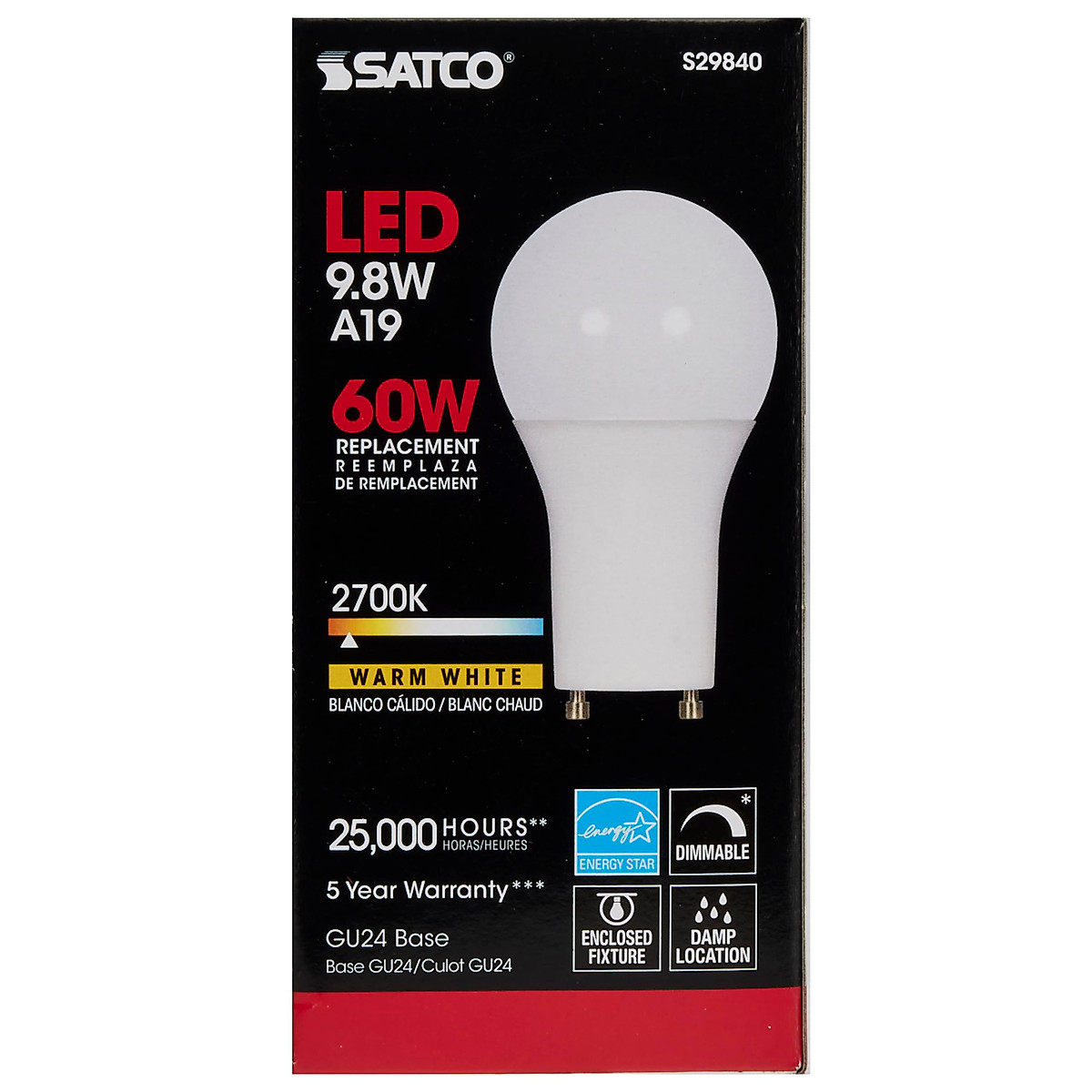 Satco S29840 Dimmable LED A19 Light Bulb, GU24 Base, 9.8W/120V 60W-Equivalent, 2700K/800 Lumens, Frosted White