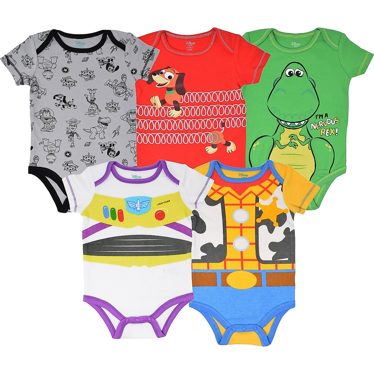 Disney Pixar Toy Story Woody Buzz Lightyear Slinky Dog Newborn Baby Boys 5 Pack Bodysuits 3-6 Months