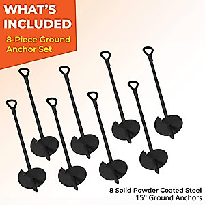 VASGOR 15” Ground Anchors (8pcs) Easy to Use with Drill, 3" Helix Diameter, Heavy Duty Anchor Hook for Camping Tent, Canopies, Car Ports, Sheds, Swing Sets, Securing Animals – Black Powder Coated (8)