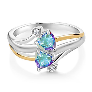 Gem Stone King 1.14 Ct Mercury Mist Mystic Topaz 925 Silver and 10K Yellow Gold 2 Heart Promise Couple Engagement Mother Lab Grown Diamond Ring (Size 8)