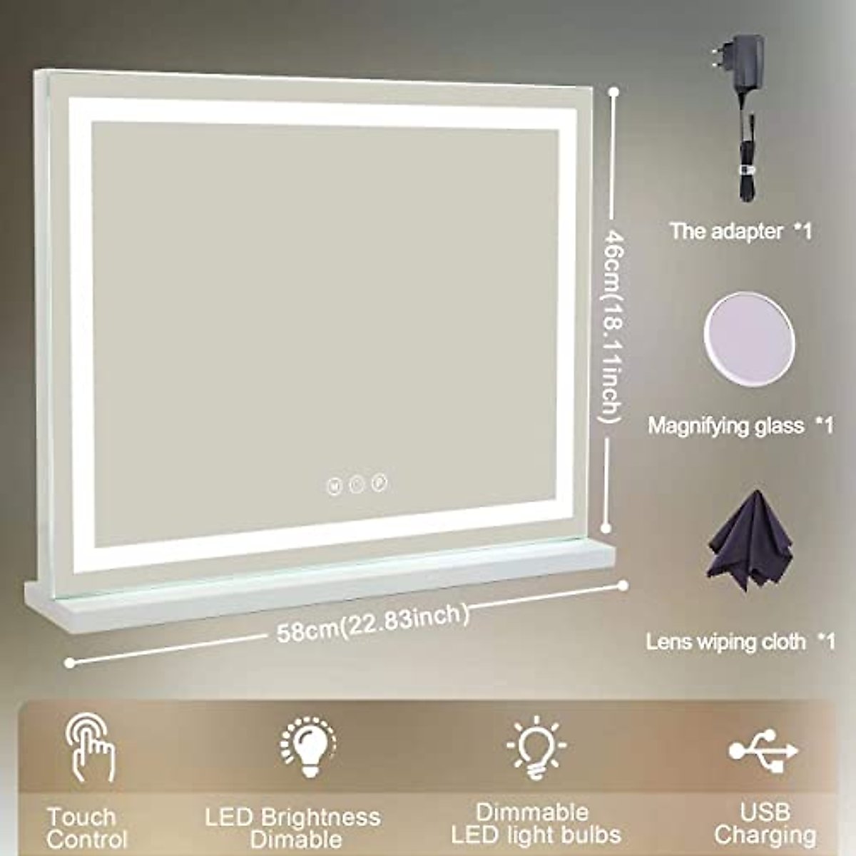 Sucedey Vanity Mirror with Lights, 23" x 18" Makeup Mirror, Hollywood Mirror with 3 Color Modes & Adjustable Brightness, Detachable 10x Magnification and USB Charging Design (White)