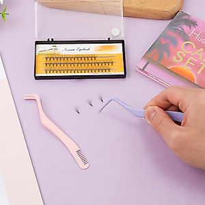 2pcs Eyelash Tweezers Set, Stainless Steel Eyelash Extension Tweezers with Comb False Lash Application Tool for Girls Women Beginners Makeup Artists (Light Purple, Light Pink)