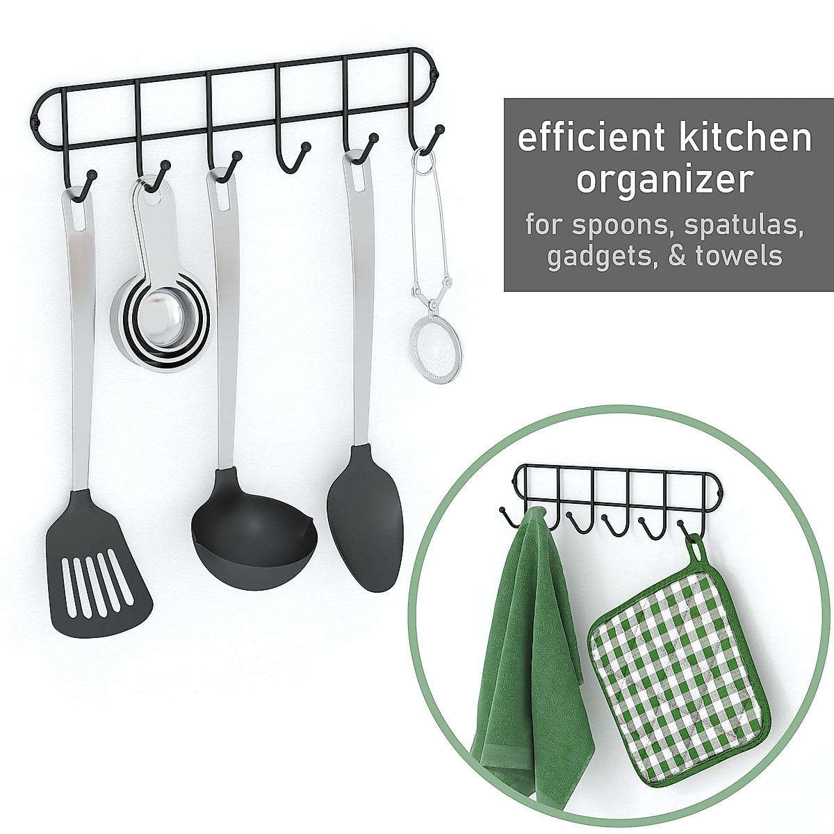 Tibres - Farmhouse Coffee Cup and Mug Rack Door or Wall Mounted - Rustic Kitchen Utensil Rack with Hooks for Spoon Spatula and Towel - Small Cup and Mug Holder - Metal Wire Hanger - Black - Set of 2