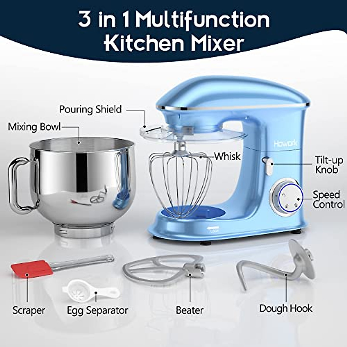 HOWORK Stand Mixer, 8.45 QT Bowl 660W Food Mixer, Multi Functional Kitchen Electric Mixer With Dough Hook, Whisk, Beater, Egg White Separator(8.45 QT, Red)