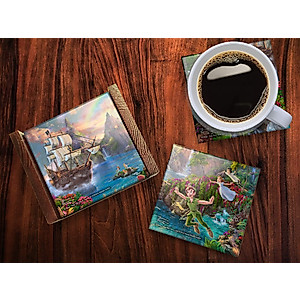 Disney Peter Pan Glass Coaster Set Decor - Thomas Kinkade - Comes with Stylish Modern Wooden Holder