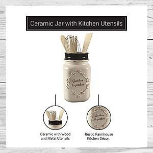 Young's Inc. Ceramic Jar with Kitchen Utensils - 4'' L X 4'' W X 11'' H - Rustic Decor - Kitchen Accessories for Countertop