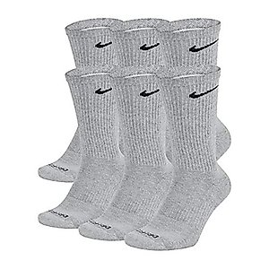 NIKE Dri-Fit Training Everyday PLUS MAX Cushioned Crew Socks 6 PAIR Wolf Grey Black Swoosh Logo) LARGE 8-12