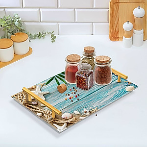 Seashells on Sand Bathroom Sink Vanity Trays With Gold Handles Starfish Palm Leaf Countertop Organizer Tray Acrylic Makeup Perfume Tray Dresser Tray Holder Decor Tray For Candle Small Plant Coffee