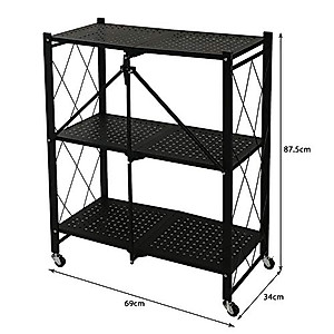 ATAAY Foldable Storage Shelves with Wheels,Metal Storage Shelving Units, Heavy Duty Collapsible Kitchen Shelves Bookshelf,Small Rack with Wheels/White