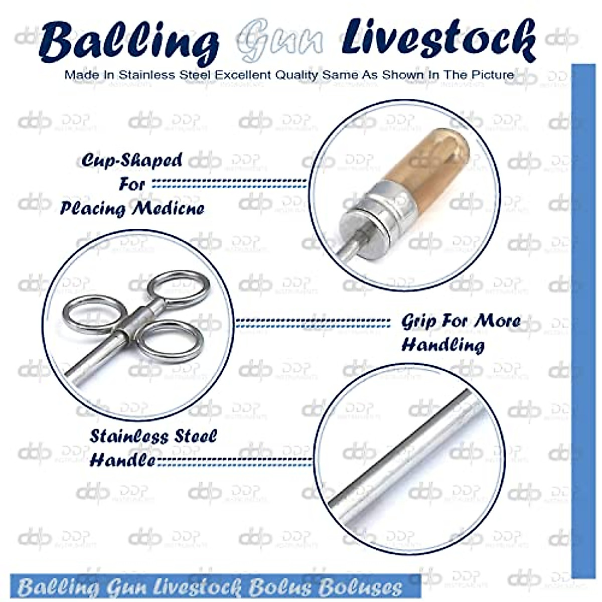 DDP Balling Gun Livestock Bolus Boluses Capsule Small Large Animal 17" Veterinary Stainless Steel Medication Pill Pusher Sheep Cattle Horse Cow Sheep Calf Colt 1" Diameter Plastic Vinyl Head Spring Cl