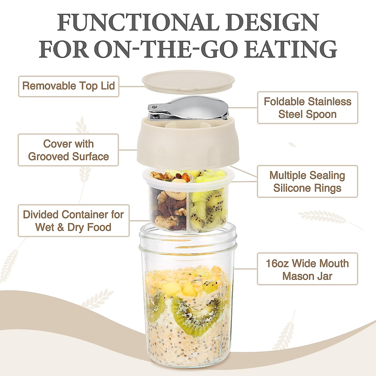 SOLIGT 2 Pack Overnight Oats Containers with Lids, Folding Spoons and Divided Compartments for Fruit & Nuts, Small Glass 16oz Mason Jars for Oatmeal Yogurt Parfait (2 Set-Oat White/Oat White)