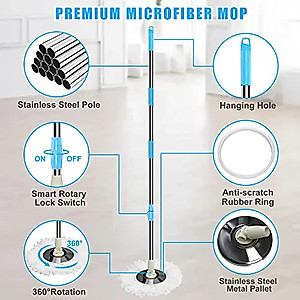 Tsmine Commercial Microfiber Spin Mop and Bucket with Wringer Set for Hardwood Floor,Kitchen Household Cleaning Tools Supplies with 6 Replacement Refills,61" Extended Handle
