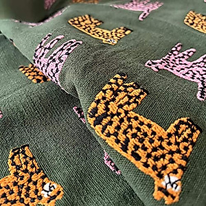 Tiger Embroiderd Linen Cotton Fabric,Green Embroidered Fabric,Designer Fabric,Quilting Fabric,Fabric by Yard,Thick Fabric,Linen Fabric