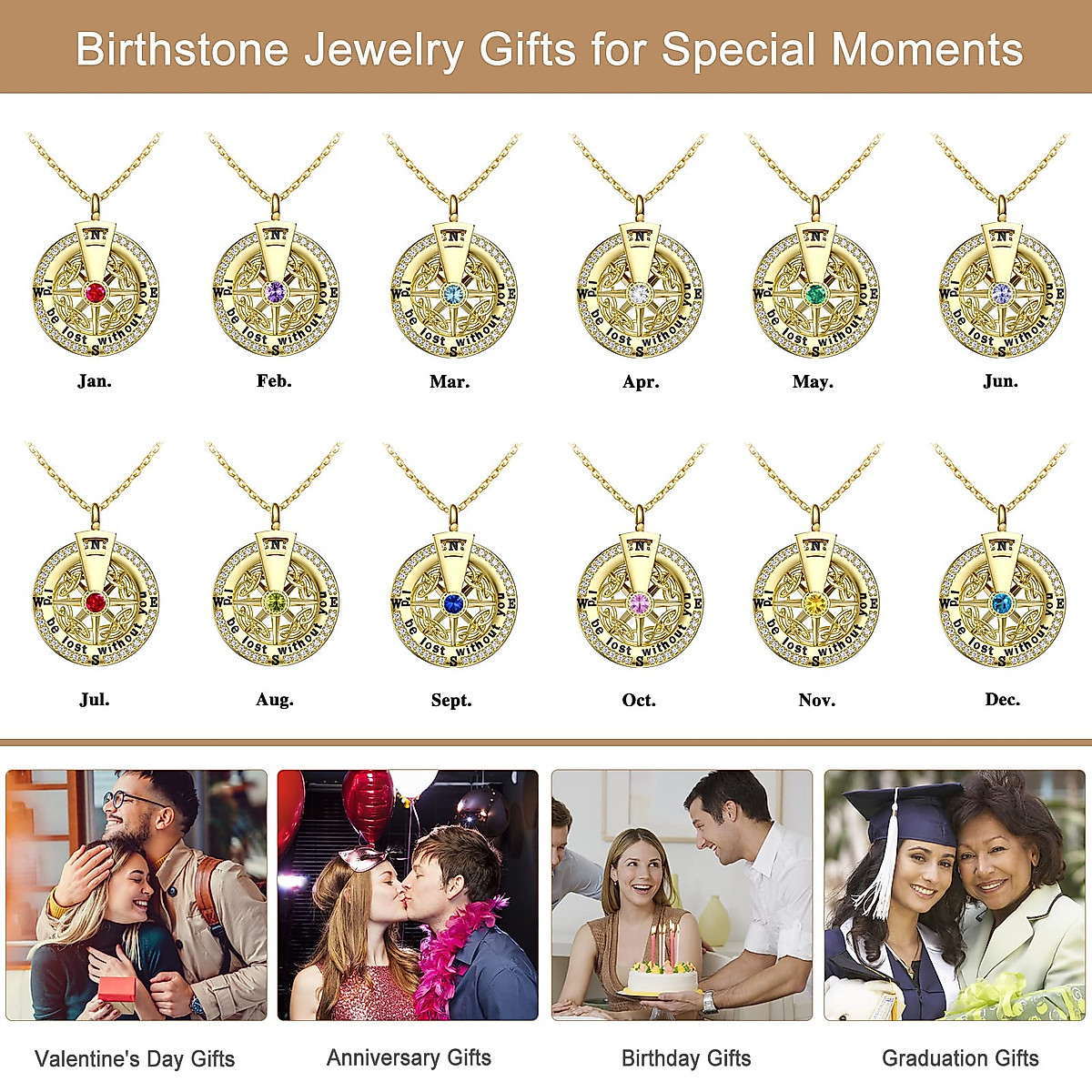 Compass Necklace 925 Sterling Silver Birthstone Compass Necklace for Women -I'd be Lost Without You Pendant Compass Jewelry Gifts for Birthday Anniversary for Her