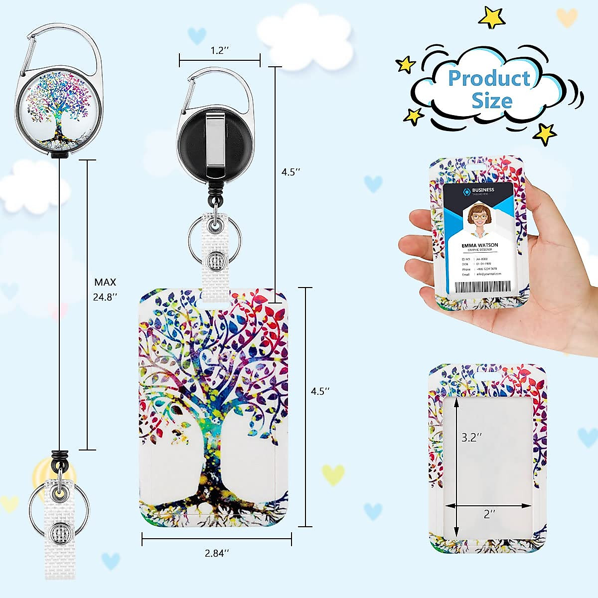 WoEluone Heavy-Duty Badge Holder Retractable Badge Reel with Belt Clip & Key Ring - Vertical ID Work Badge with Nature Tree of Life Design - Perfect for Office Workers, Nurses, Teachers, and Students