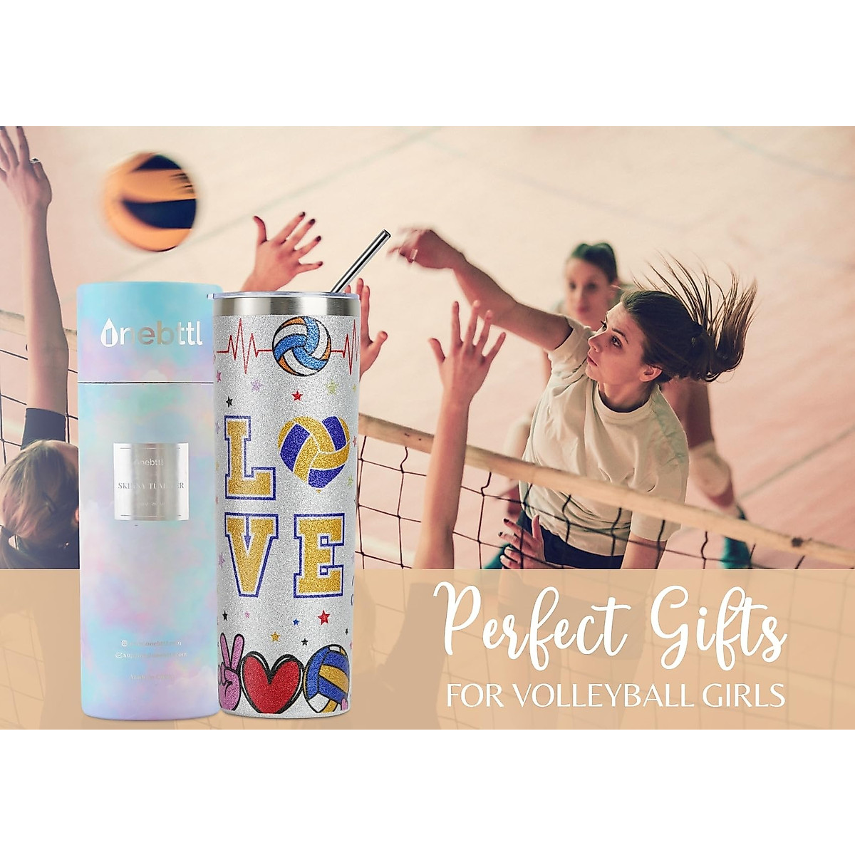 Onebttl Volleyball Gifts for Teen Girls & Team, Stainless Steel Kids Volleyball Tumbler, Double Wall Vacuum Insulated Bottle with Lid & Straw 20oz - Glitter