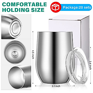 20 Packs Wine Tumblers Insulated Cups with Lids, 12 oz Stainless Steel Stemless Wine Tumblers Double Layer Vacuum Wine Glasses Tumbler Cup Coffee Mug for Hot Cold Drink