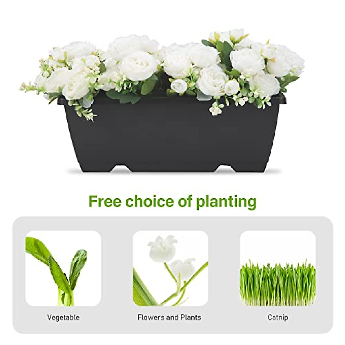 Whonline 8 Pack Window Box Planter 17 Inch Black Plastic Vegetable Flower Planters Boxes Rectangular Flower Pots with Saucers for Indoor Outdoor Garden Patio