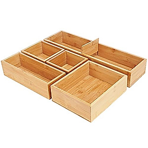 Fabsome Bamboo Drawer Organizer Box Set, 5 Individual Storage Containers for Makeup Utensil, Drawer Organization for Kitchen, Vanity, Dresser, Pantry, Garage, Office