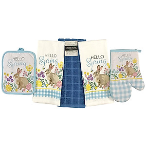 Easter Spring Kitchen Dish Towels Pot Holder Oven Mitt Set, 5c: Blue Gingham Country Bunny in Spring Flowers (Country Blue)