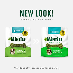 Minties Dental Chews for Dogs, 20 Count, Vet-Recommended Mint-Flavored Dental Treats for Medium Dogs 25-50 lbs, Dental Bones Clean Teeth, Fight Bad Breath, and Removes Plaque and Tartar