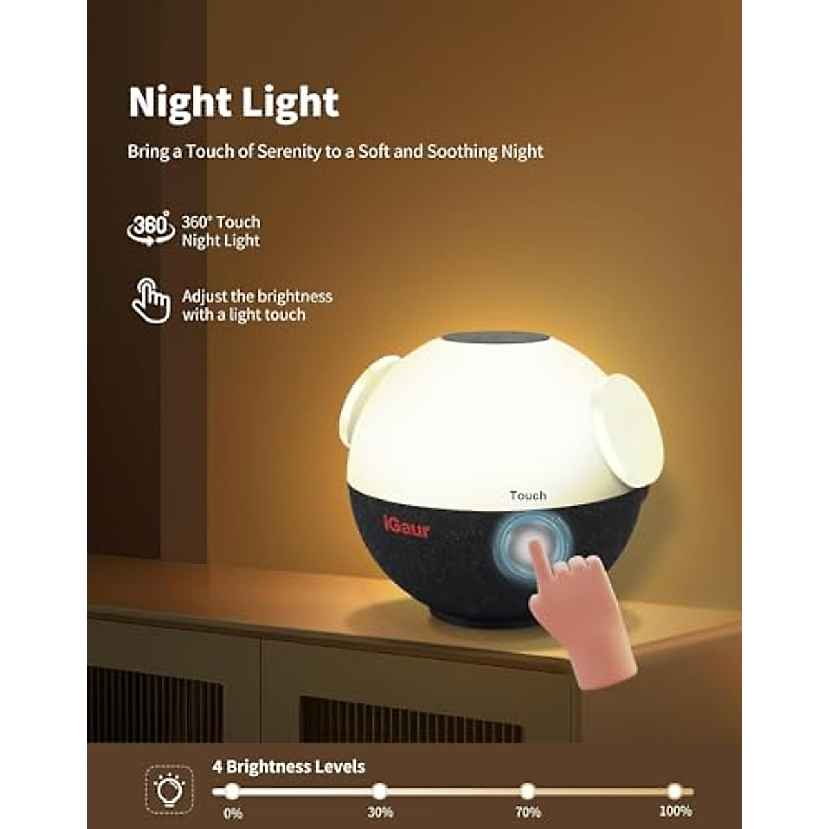 iGaur Night Light Beside Lamp: Touch Lamp with Wireless Charger Nightstand Music Desk Lamp - 5 in 1 Portable Bluetooth Speaker, Wireless Charging Lamp, Gifts for Kids Bedroom Office