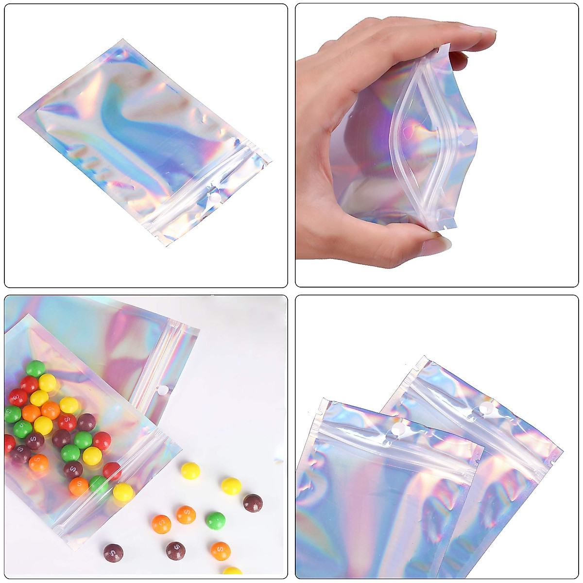 Malastar 3x4 inch 100PCS Resealable Smell Proof Bags,Holographic Packaging Bags,Foil Pouch Baggies Clear Small Mylar Ziplock Bag for Jewelry,Candy,Food Storage,Party Favor