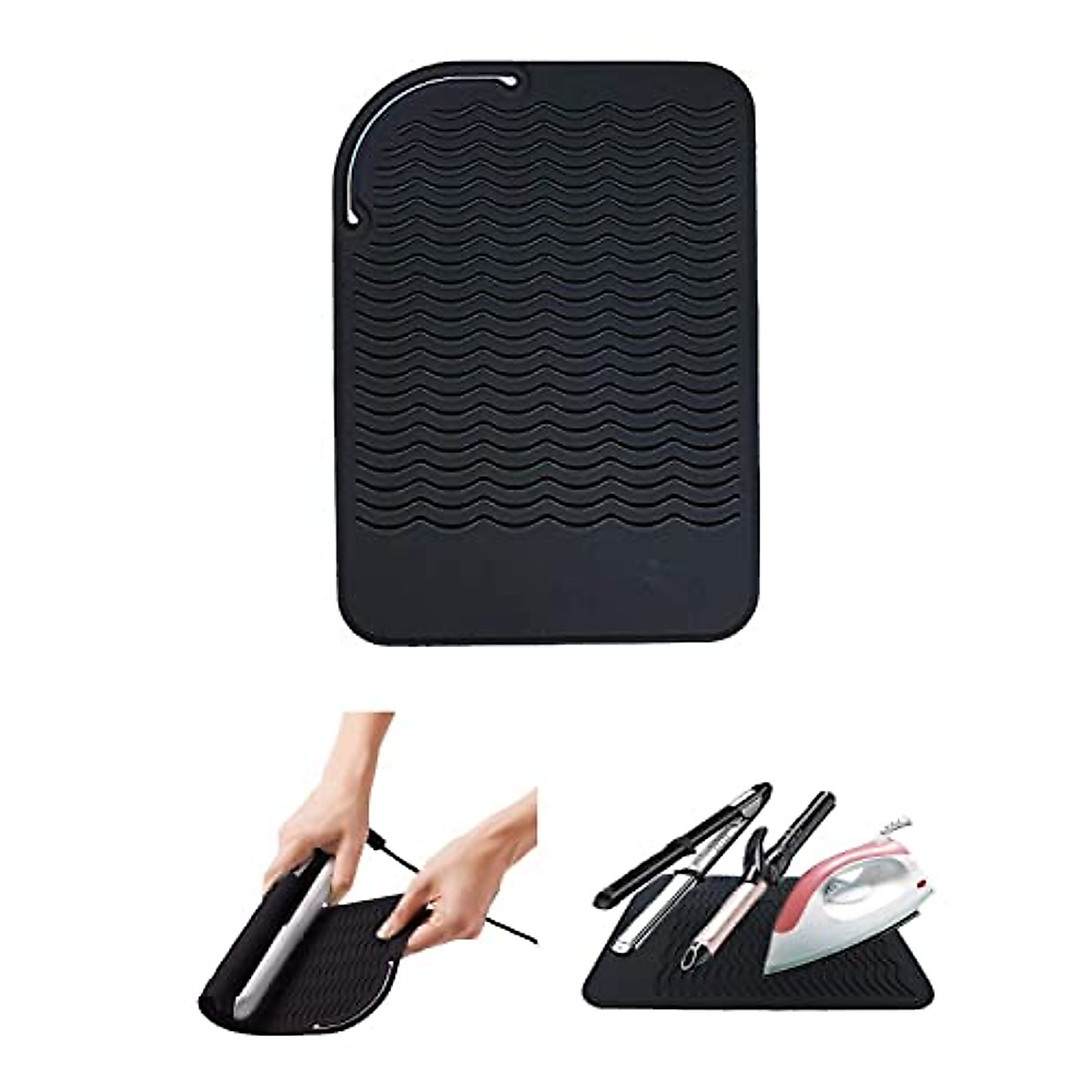 Heat Resistant Mat for Curling Iron, Flat Irons and Hair Straightener Hair Styling Tools 9" x 6.5", Food Grade Silicone, Black