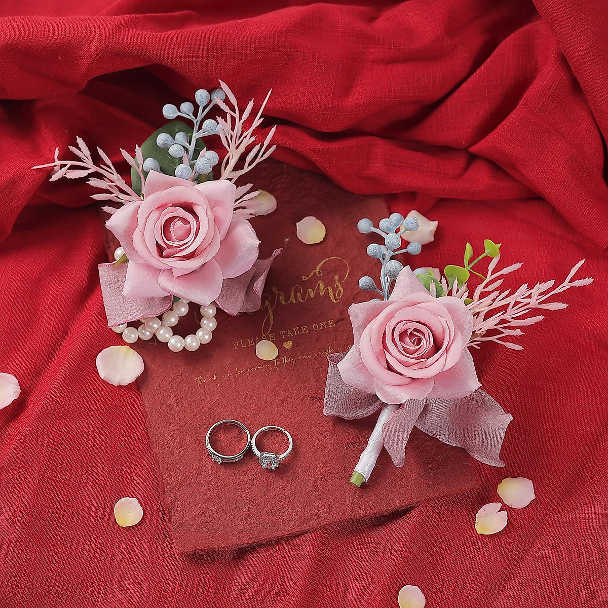 GLIDLION 2Pcs Men Boutonniere and Woman Wrist Corsage Set,Artificial Flowers Groom/Groomsman Boutonniere Pins,Bride/Bridesmaid Wrist Corsage for Wedding Party Homecoming Prom (Dusty Pink)