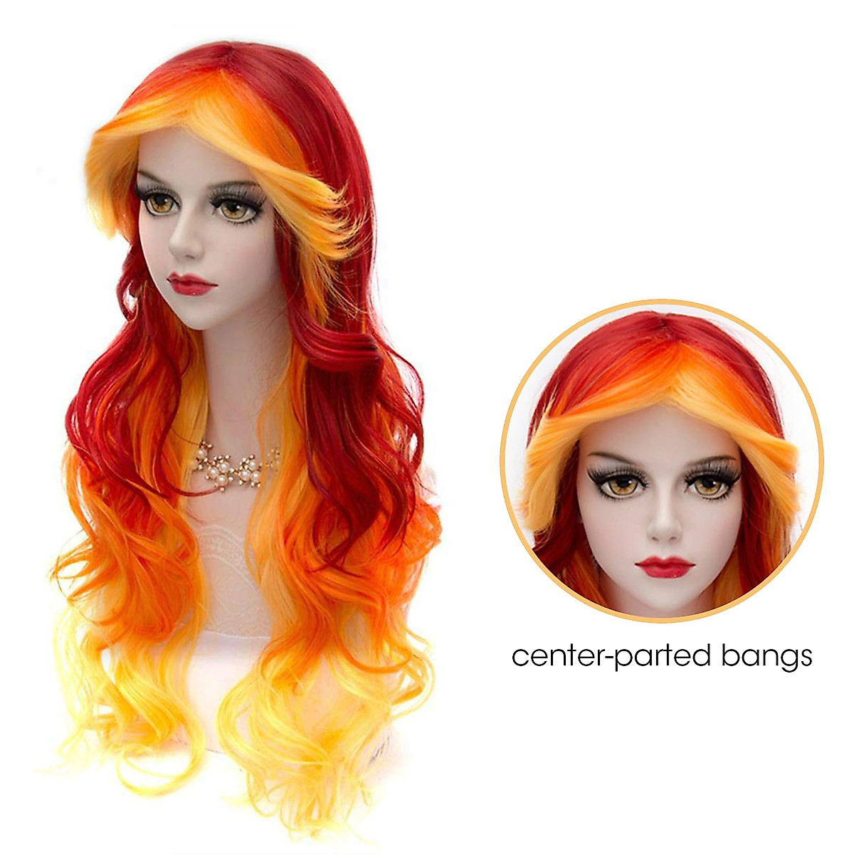 MQ Ombre Wavy Wigs for Women,29.5 Inch Long Curly Wigs,Colorful Wigs,Charming Women's Long Curly Full Hair Wig(Yellow to Orange to Red)