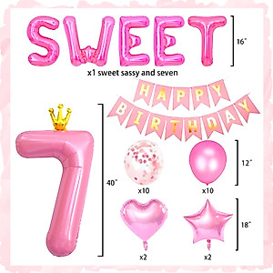 42 PCS Sweet Sassy & Seven Birthday Decoration Sweet Seven Birthday Balloons 7 Years Old Birthday Decoration Girls 7th Birthday Decoration