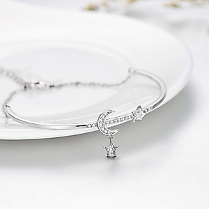 AOBOCO Sterling Silver Crescent Moon Star Bangle Bracelet Embellished with Crystals from Austria, Hypoallergenic Silver Moon Jewelry Anniversary Birthday Gifts for Women Wife(New Version)