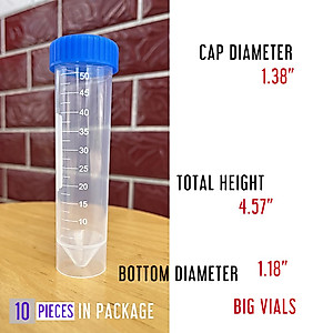 LAMPPE 10 Piece 50ml Plastic Vial Tube with Screw Caps, Graduated Leakproof Aquarium Water Test Tube Replacement Sample Vial Holder Container for Seed Bead Small Screw Tiny Stone