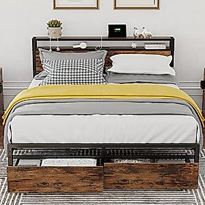 LIKIMIO Queen Bed Frame with Storage Headboard, Platform Bed with Drawers and Charging Station, No Box Spring Needed, Easy Assembly, Vintage Brown