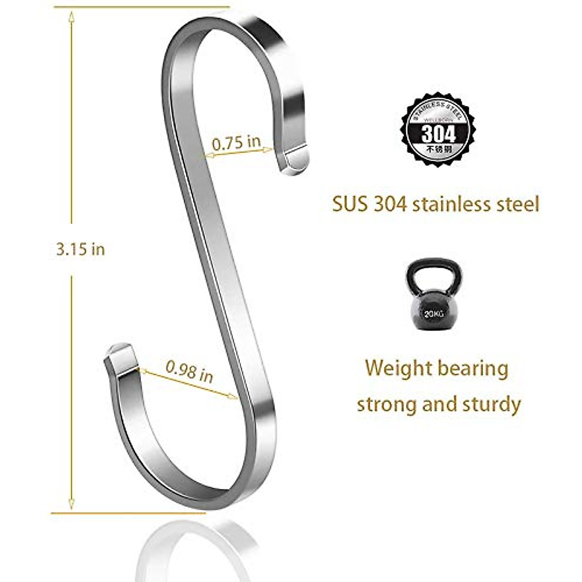 S-Shaped Hooks Heavy Duty 24 Packs,304 Stainless Steel Hook,Multi-Functional Flat Hook,S Hook,Hooks Closet,Hooks Plants,Hooks for Hanging Pot,Pan,Cups, Plants,Bags, Jeans,Towels (24, Medium)…