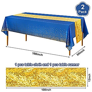 Tablecloth and Sequin Table Runner Set Polka Dots Confetti Table Cover Dining Plastic Table Cloths Glitter Decorations for Birthday Wedding Anniversary Party Supplies (Blue, Gold, 2 Pcs)