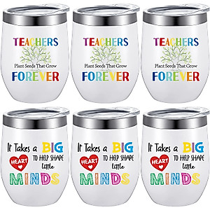 Teacher Gifts Teacher Tumbler Bulk 12oz Stainless Steel Teacher Wine Glass with Lids and Straws Teacher Appreciation, Birthday Gifts for Daycare, Kindergarten Teacher (White, 6 Pack)