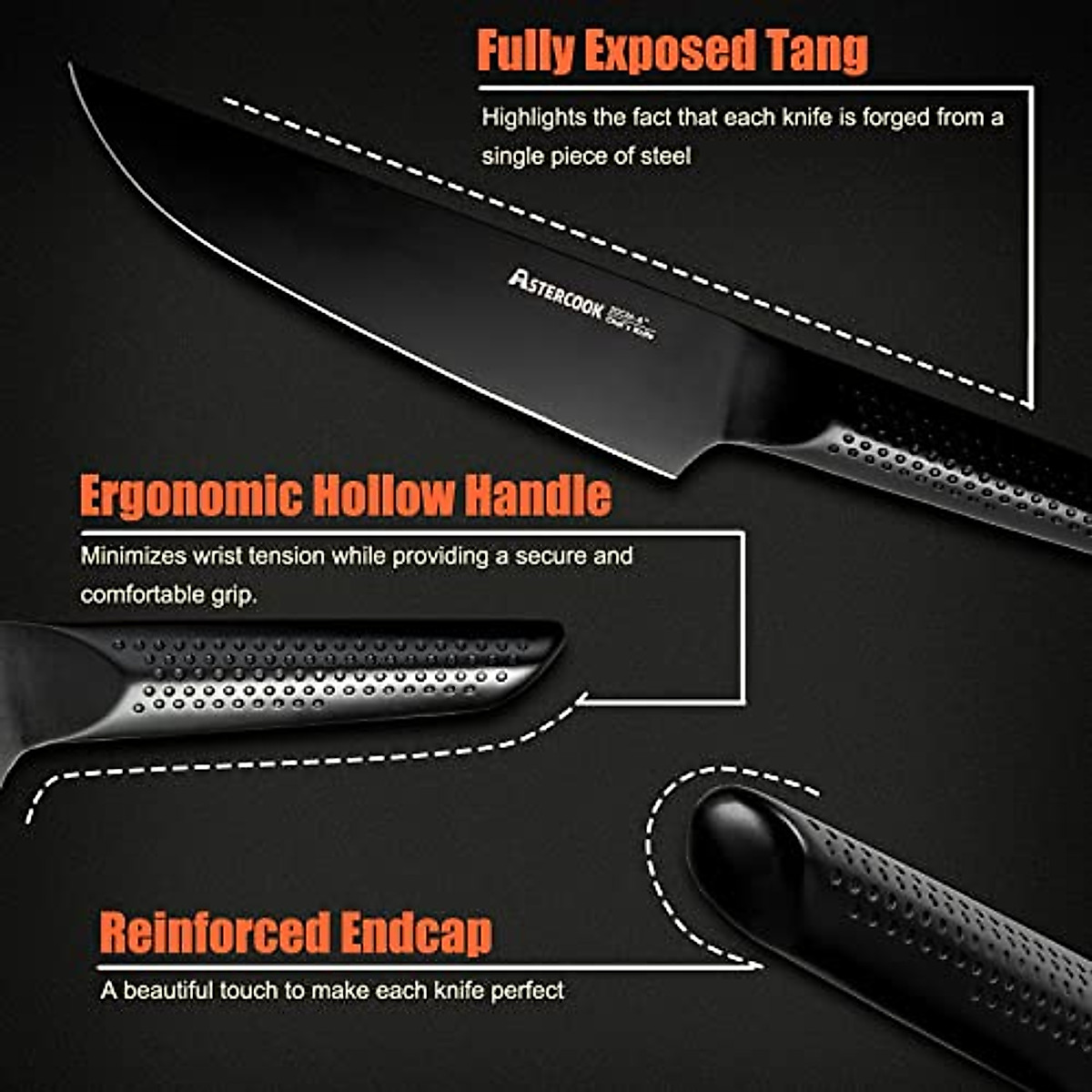 Astercook Chef Knife, 8 Inch Pro Kitchen Knife Dishwasher Safe, High Carbon German Stainless Steel Chef's Knives with Ergonomic Handle, Elegant Black, Best Gifts