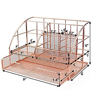 Ogrmar Rose Gold Desk Supplies Organizer, Multi-functional Mesh Desk Organizer with 6 Compartments & Desk Drawer Organizer for Office Supplies and Desk Accessories（Rose Gold） (9" X 6" X 6")