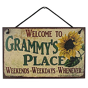 Egbert's Treasures 5x8 Vintage Style Sign with Sunflower Saying, Welcome to Grammy's Place Weekends, Weekdays, Whenever Decorative Fun Universal Household Signs from