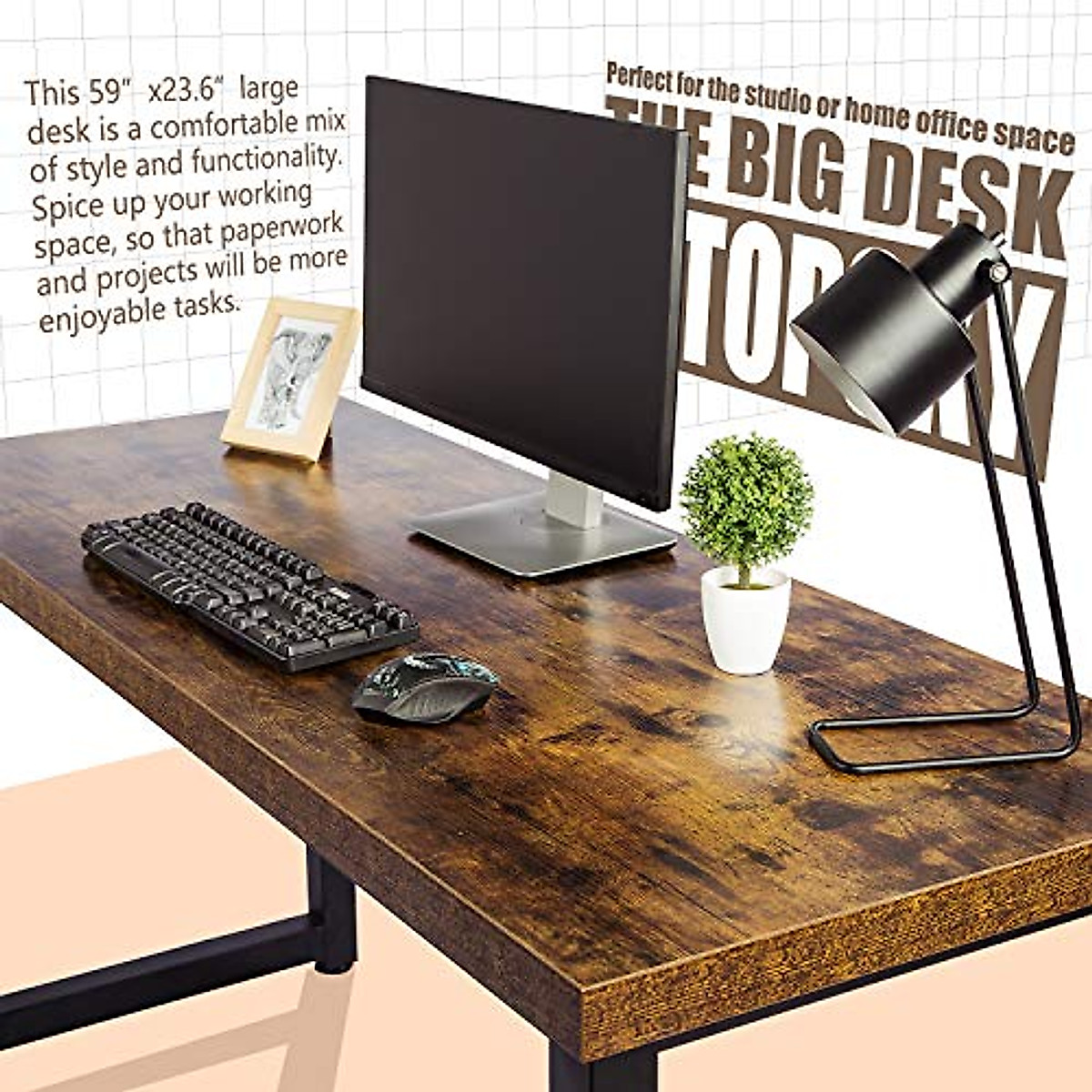 TOPSKY 59" Big Large Computer Office Desk 1.88" Thickness Desktop (Rustic Brown)