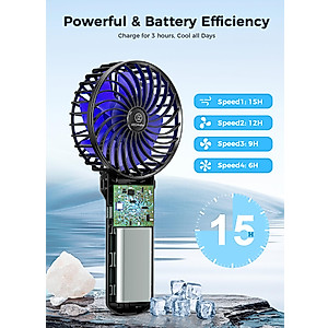 JZCreater Mini Handheld Fan,Portable Hand Held Fan, 15H Cooling Fan, Quiet 4 Speed, USB Rechargeable Battery Operated Desk Fan, Small Folding Electric Fan for Travel Outdoor Home Office Makeup, BLACK