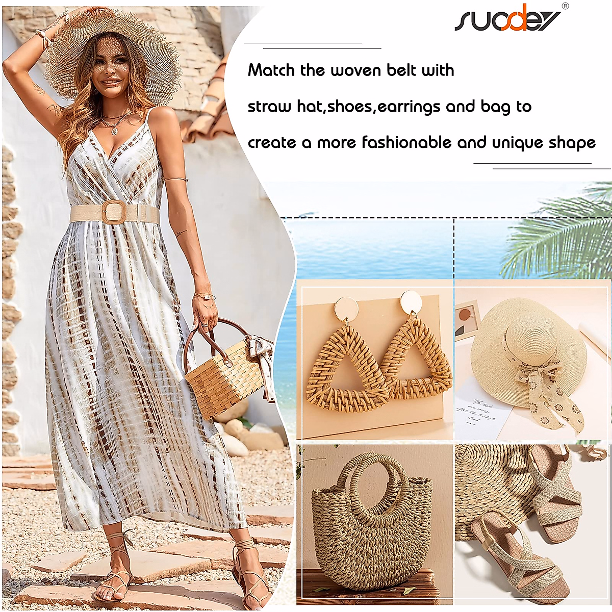 SUOSDEY 2 Pack Straw Woven Elastic Belt Braided Stretch Wide Belt for Women Dress