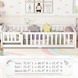 GEEVIVO Twin Size Montessori Floor Bed, Kids 1-3 Wooden Playhouse Bed Frame w/Door, Slats and Safety Fence, Floor-Bed-Frame for Children Bedroom, Boys Girls, Kids Playroom