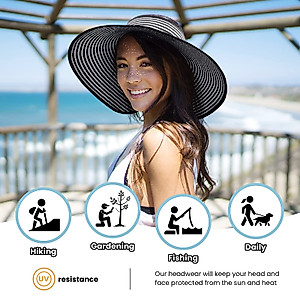 Simplicity Women's Straw Sun Hat Wide Brim Roll-up Sun Visor Black/White