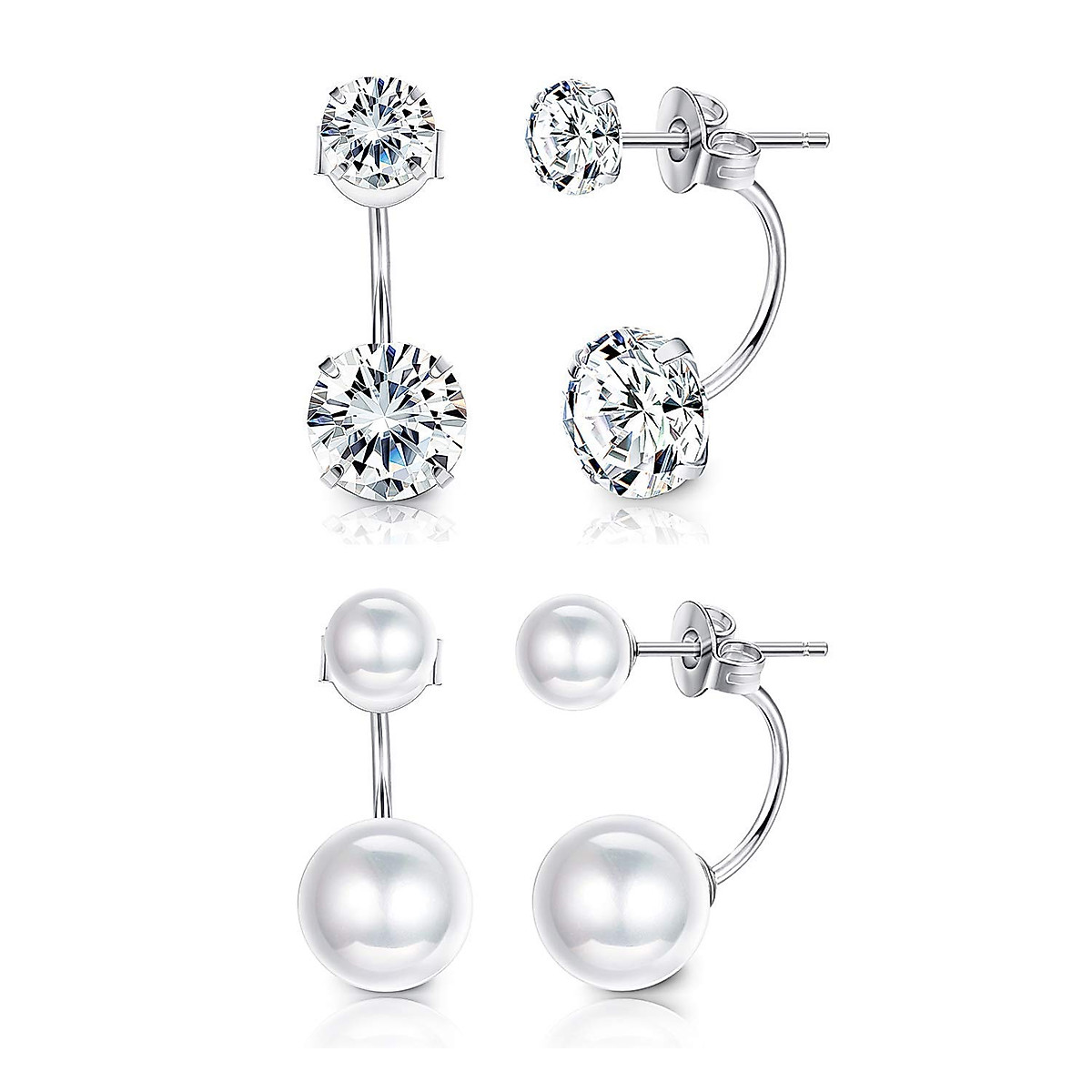 Sllaiss 2 Pairs Sterling Silver Double Ball Ear Jacket Earrings Set Cubic Zirconia Round Pearl Jewelry for Women (Silver)