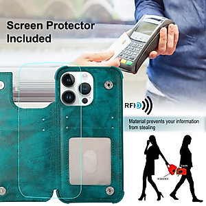 VANAVAGY Compatible with iPhone 14 Pro Max Wallet Case for Women and Men, Leather Flip Folio Phone Cover Fits Magnetic Car Mount with Credit Card Holder, Midnight Green